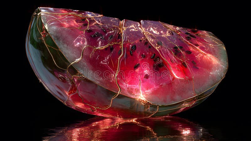 Translucent Watermelon Slice with Golden Veins Resting on Reflective ...