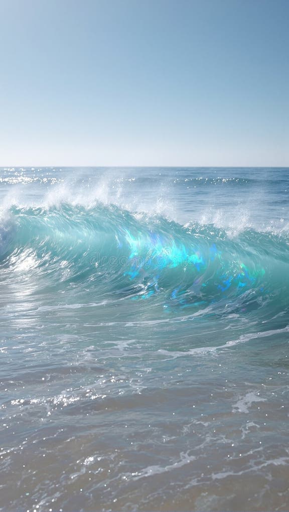 Translucent Wave Crest Breaking on Beach Reflecting Sunlight Colors ...