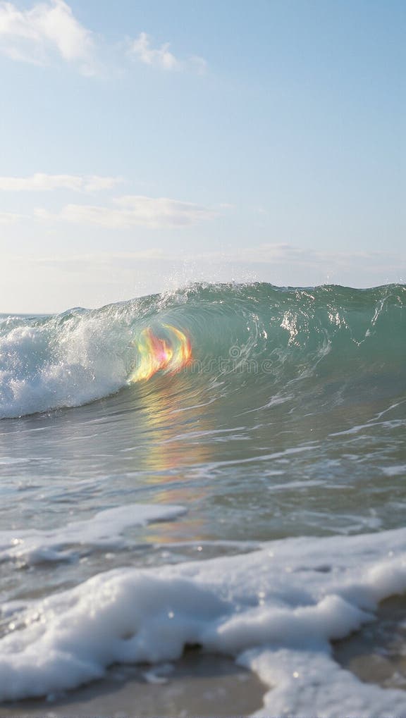 Translucent Wave Crest Breaking on Beach Reflecting Sunlight Colors ...