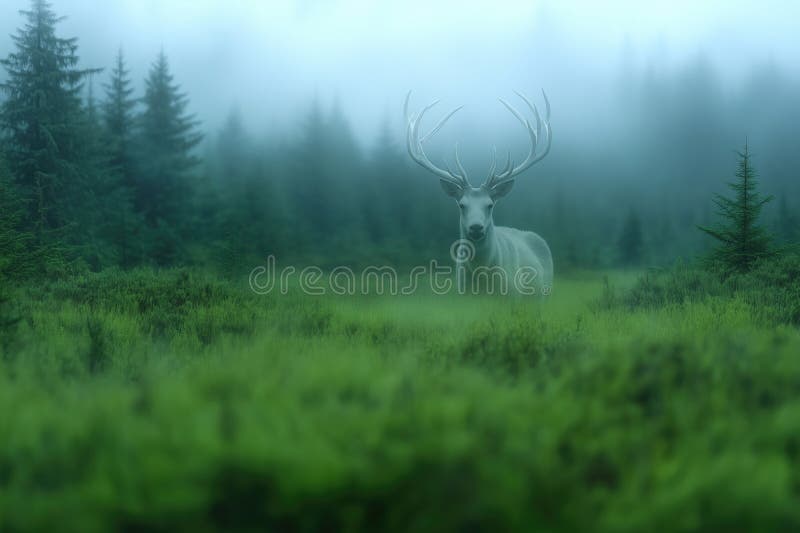Translucent White Deer in the Meadow in the Mist, Forest Spirit Stock ...