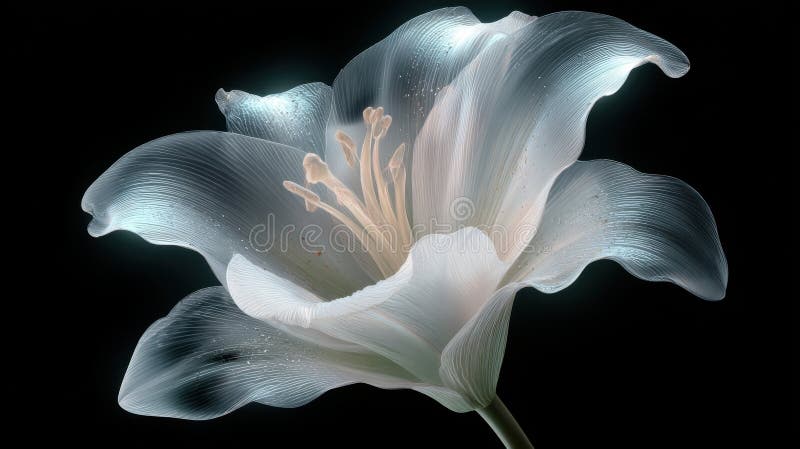 Translucent White Lily on Black Background Illuminated with a Soft Glow ...