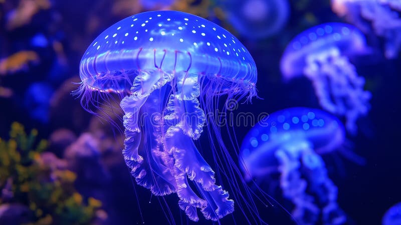 Translucent White Spotted Jellyfish Drifting through Deep Blue Waters ...