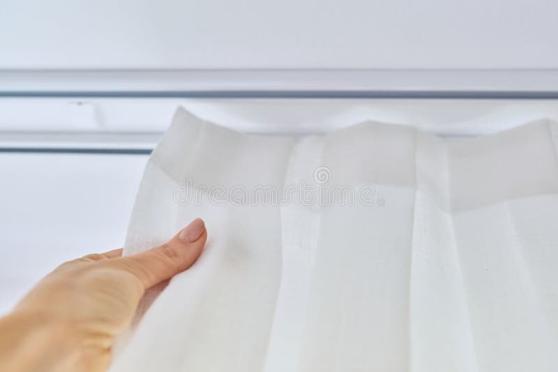 Translucent White Textured Curtain on Window, Close-up of Cornice and ...