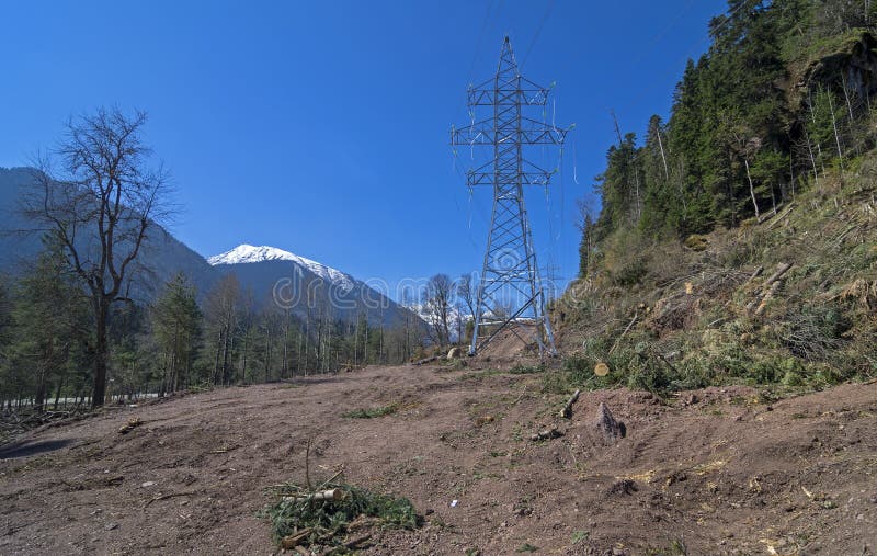 Transmission Line Under Construction in Mountains. Stock Image - Image ...