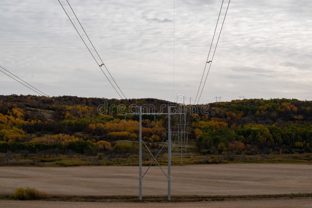 Transmission Lines in a Scenic Valley in Fall Stock Image - Image of ...