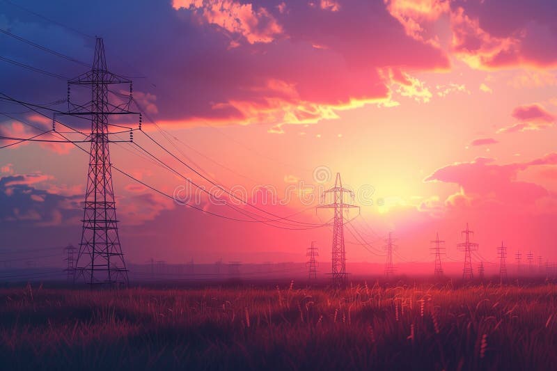 Transmission Lines at Sunset Ai Photo Stock Illustration - Illustration ...