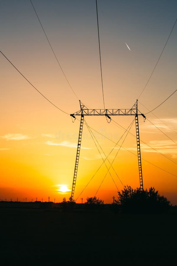 Transmission Power Line on Sunset Stock Image - Image of line, electric ...