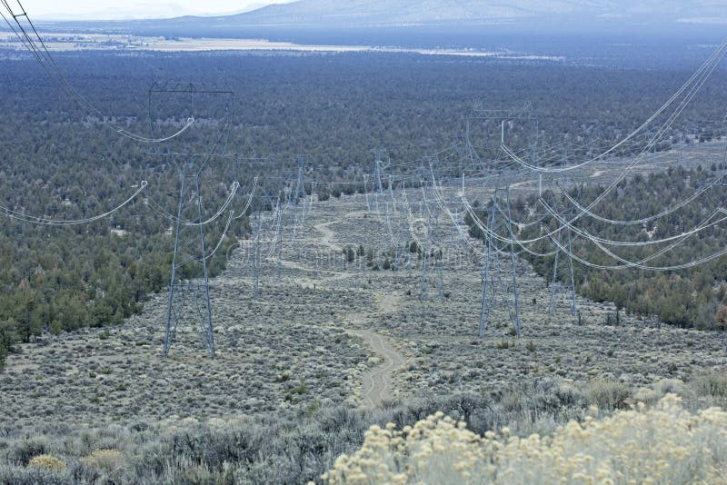 Transmission Power Lines Stretching Across Desert Stock Image - Image ...