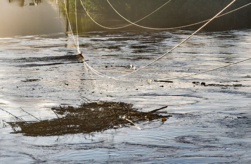 Transmission Power Lines are Touching Flood Water.heights in River ...