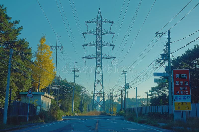 Transmission Tower Against Clear Sky with Trees Framing the Structure ...