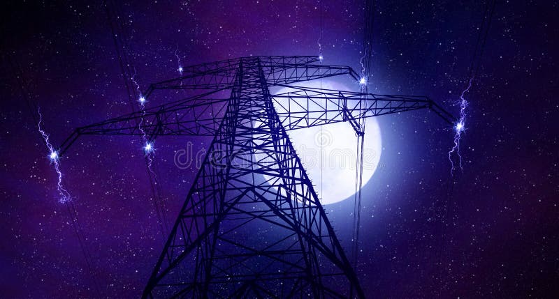 Transmission Tower with Night Sky with Full Moon at the Background ...