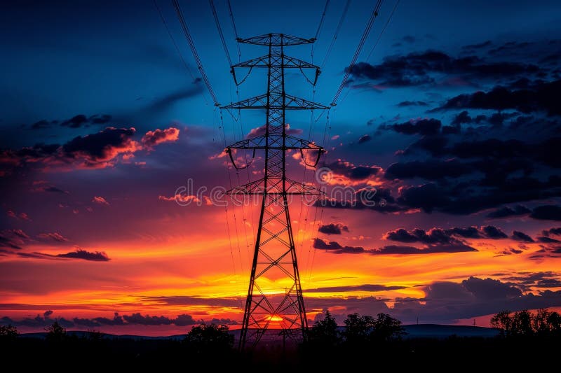 Transmission Tower Under Blue Sky Transmitting High Voltage Electricity ...