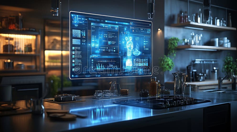 A Transparent AI Avatar Monitors Smart Technology in a Modern Kitchen ...