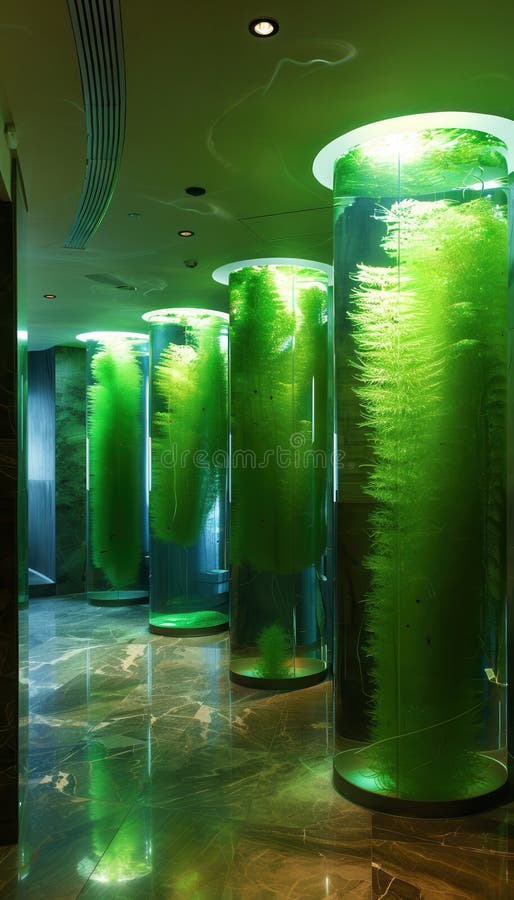 Eco-Friendly Luxury Spa Lobby with Transparent Algae Tanks for a ...