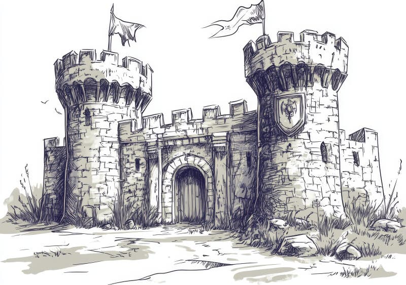 Transparent Background Medieval Castle Illustration in a Sketch Style ...
