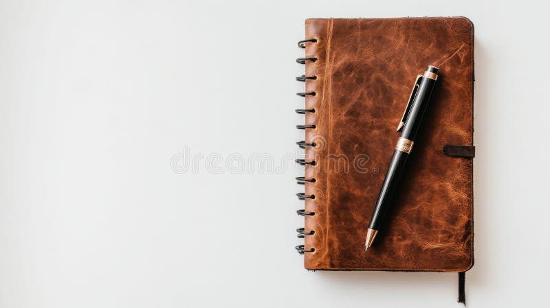 A Transparent Background Shows an Open Leather Notebook with a Pen ...