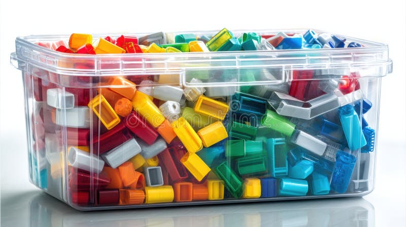 Colorful Sorted Plastic Pieces in a Transparent Bin on a White ...