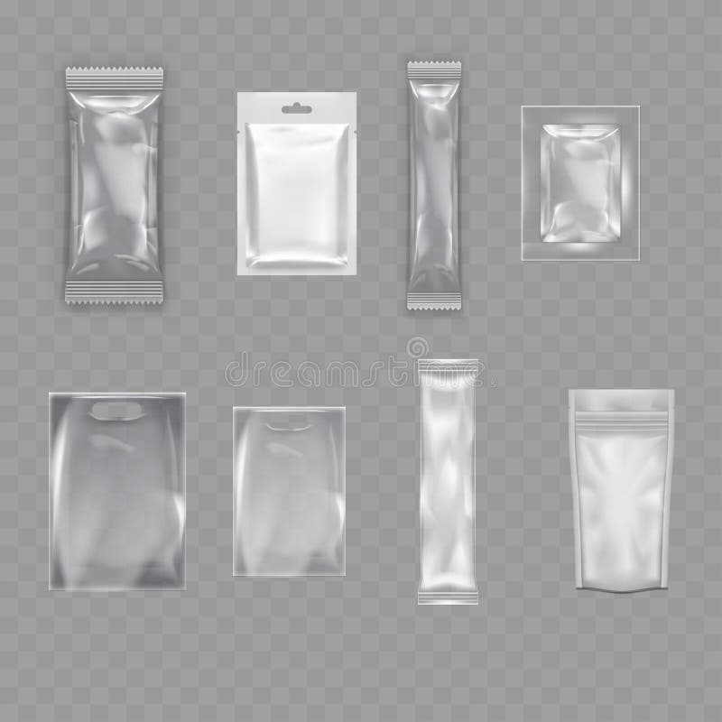 Transparent Blank Packaging Bag Mockup Set - Realistic Pouches. Vector ...
