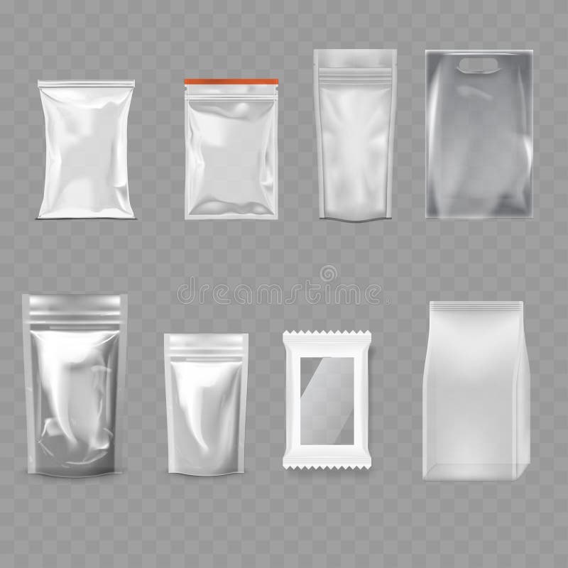Transparent Blank Packaging Bag Mockup Set - Realistic Pouches. Vector ...