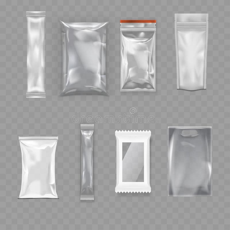 Transparent Blank Packaging Bag Mockup Set - Realistic Pouches. Vector ...
