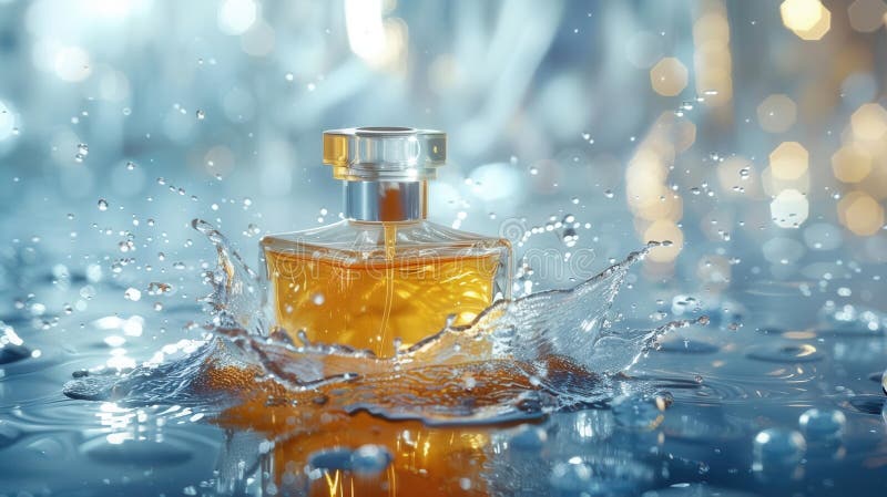 Transparent and Blue Water Splash on the Yellow Glass Perfume Bottle ...