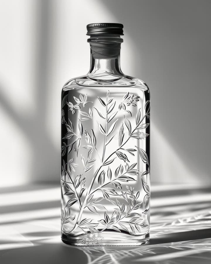 Transparent Bottle of Gin with a Floral Design is Standing Under ...