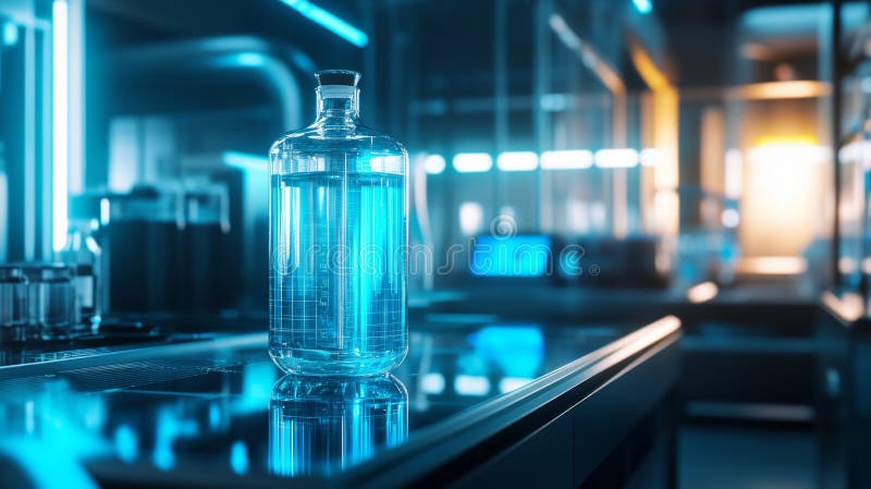 Transparent Bottle on Laboratory Table with Blue LED Lighting Stock ...