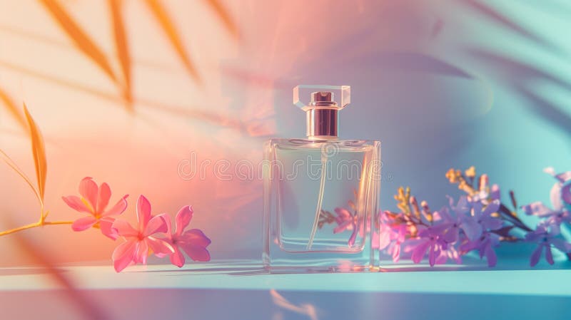 Transparent Bottle of Perfume with Empty Label on Pastel Gradient ...