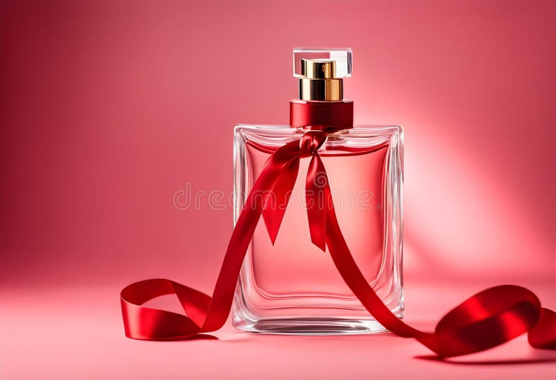 Transparent Bottle of Perfume with Ribbon Bow on a Red Background Stock ...