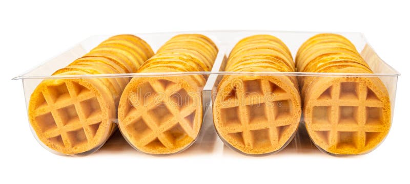 Transparent Box with Soft Waffles, Round Waffles on Wooden Table Stock ...