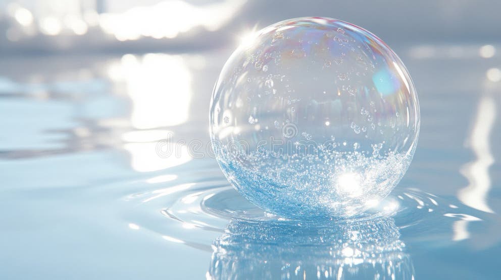 Transparent Bubble on Blue Water Surface with Sunlight Reflection Stock ...