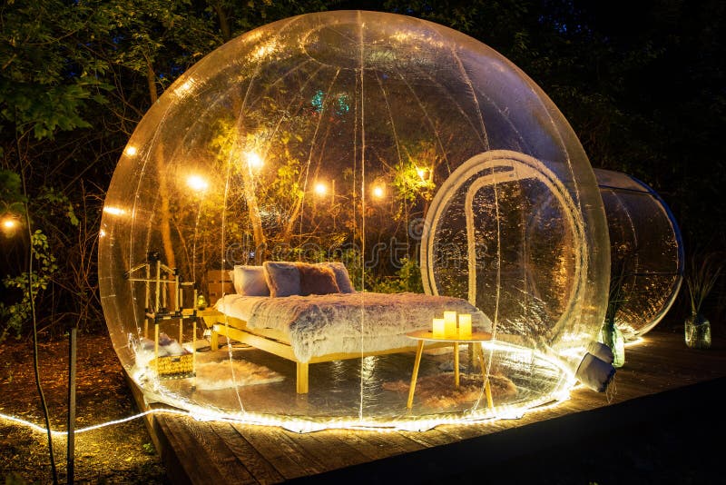 Transparent Bubble Tent at Glamping at Night Stock Photo - Image of ...