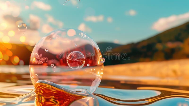 Transparent Sphere Reflecting Tranquil Sunset Landscape Stock Photos ...