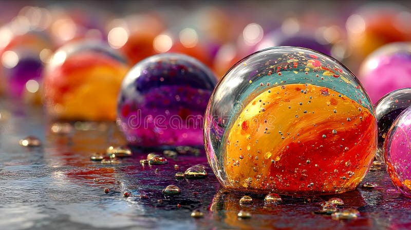 Transparent Bubbles Filled with Vibrant Colors and Particles Resting on ...