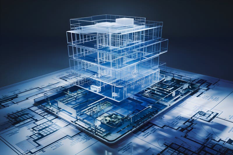 Transparent Building Model Atop Blueprints, in Cool Blue Light Stock ...