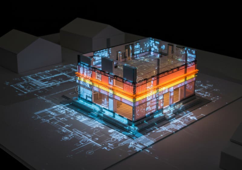 Transparent Building Model with Illuminated Blueprint Stock ...