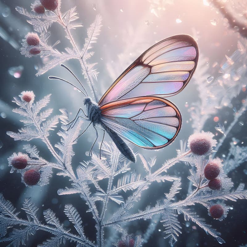 A Transparent Butterfly in Thin Crystal Glass of Frozen Leaves,snow ...
