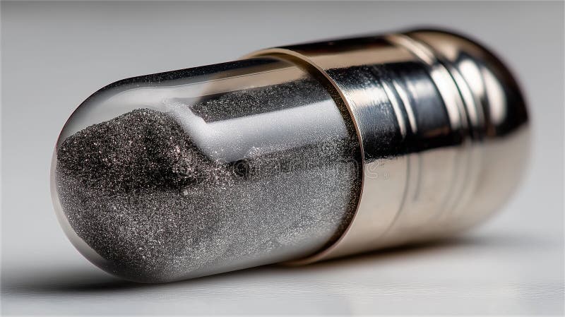 Innovative Capsule Filled with Fine Metallic Powder on a Sleek Surface ...