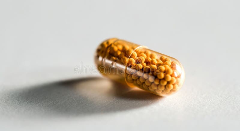 Transparent Capsule Filled with Small, Spherical, Orange Granules. the ...