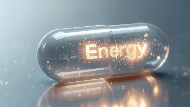Transparent Capsule with Glowing Particles and Text "Energy" Inside ...