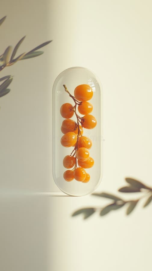 Transparent Capsule with a Sea Buckthorn Inside, Placed on a Smooth ...
