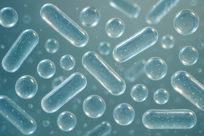 Transparent Capsule Shaped and Spherical Microorganisms Floating in ...