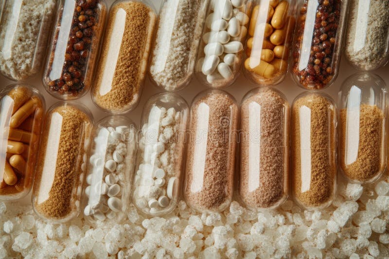 Transparent Capsules Filled with Different Powdered Supplements are ...