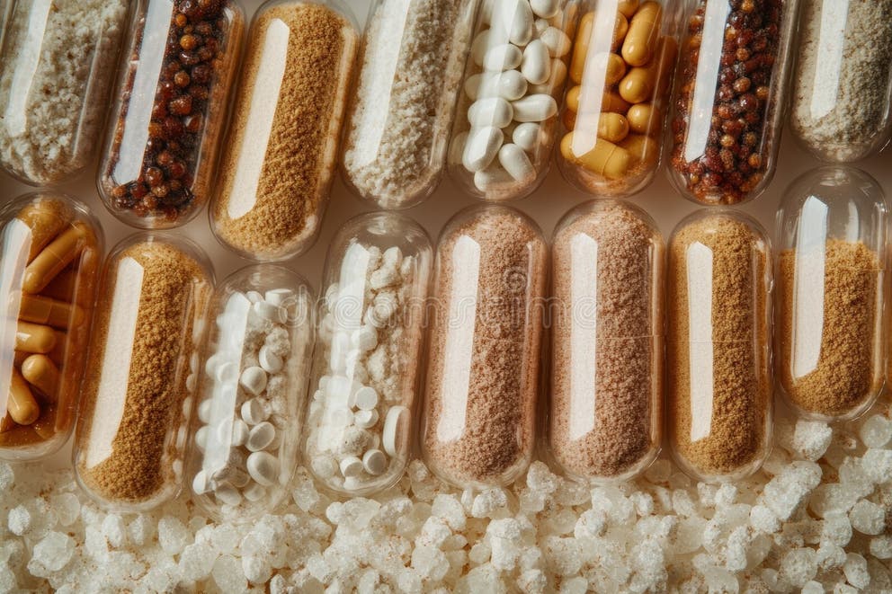 Transparent Capsules Filled with Different Powdered Supplements are ...