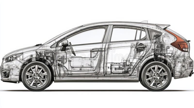 Transparent Car Blueprint, Technical Drawing on White Background ...