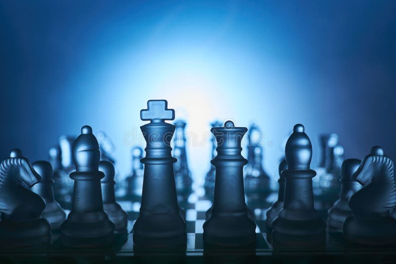 Transparent Chess Figures on a Chess Board with Blue Background. Stock ...