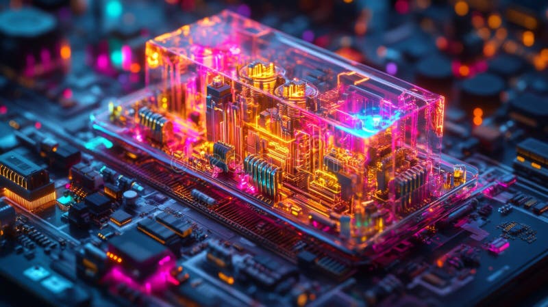 Transparent Circuitry with Glowing Components on a Motherboard Stock ...