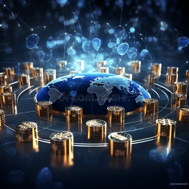 Transparent Coins with Blockchain Nodes Hovering Over a Modernistic ...