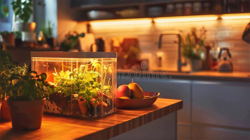 Transparent Compost Bin Glowing with LED Light in Warm Kitchen ...