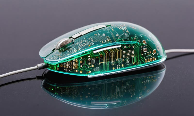 A Transparent Computer Mouse with a Visible Circuit Board is Shown on a ...